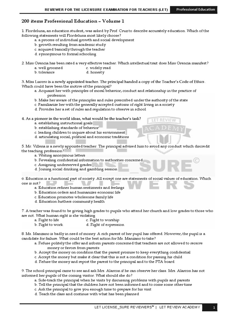 ProfEd Set 1 200 Items | PDF | Learning | Teachers