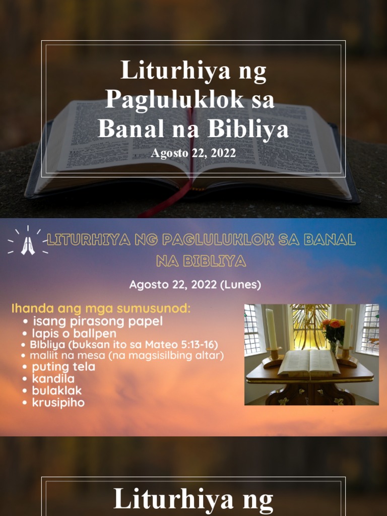 Agosto 22, 2022 Liturhiya NG Pagluluklok Sa Banal Na Bibliya | PDF