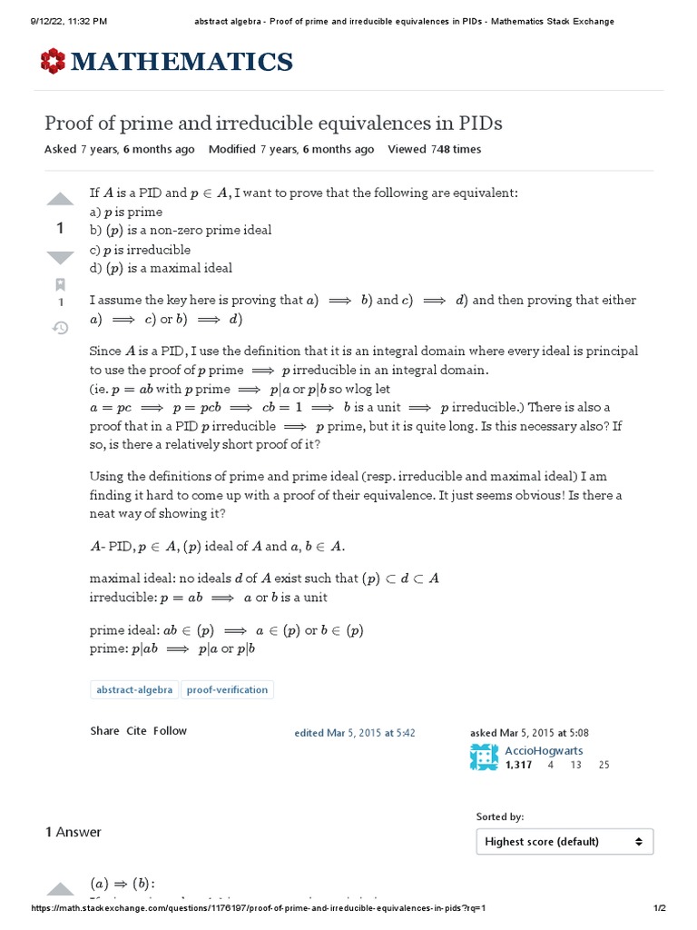 abstract algebra - Proof of prime and irreducible equivalences in PIDs ...