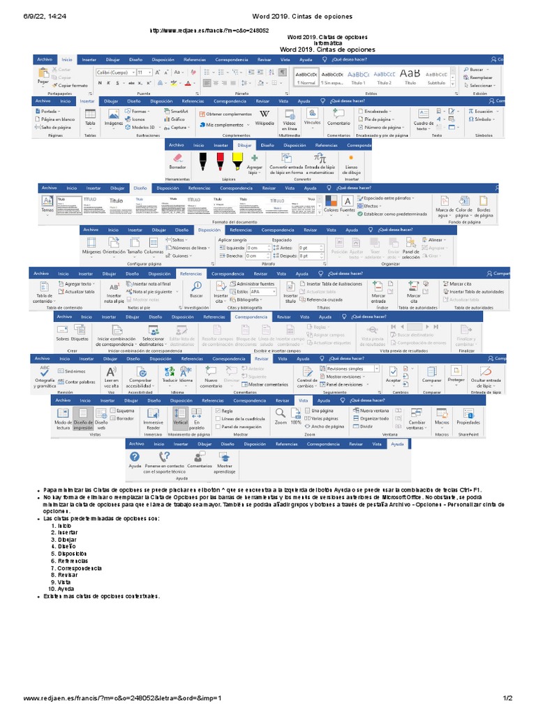 Word 2019. Cintas de Opciones | PDF