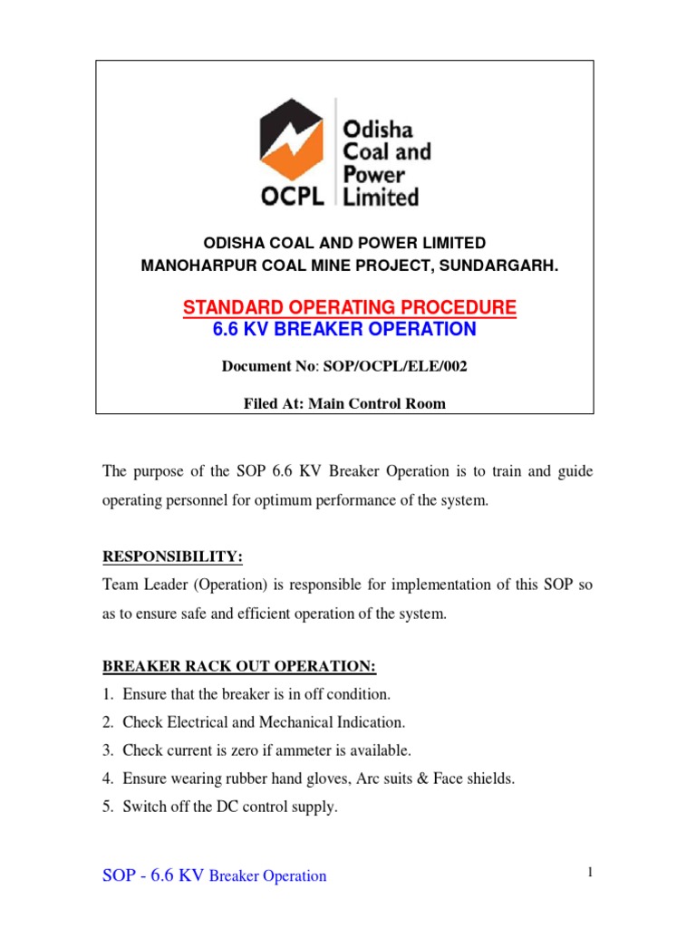 SOP - 6.6 KV Breaker Operation | PDF | Switch | Electric Arc