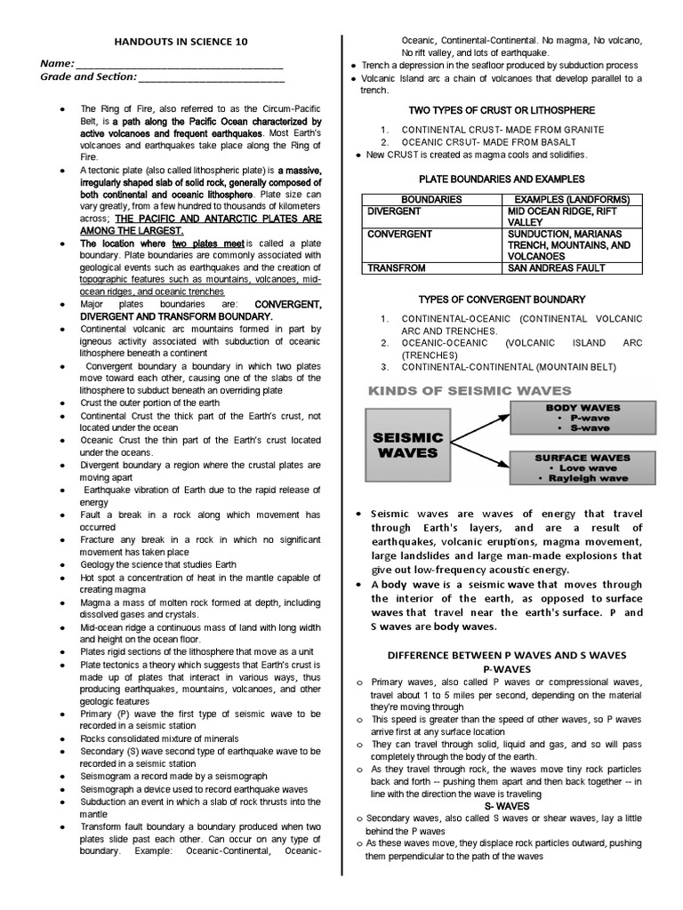 Handouts in Science 10 | PDF | Plate Tectonics | Volcano