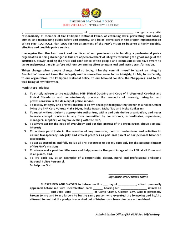 PNP Individual Integrity Pledge | PDF | Integrity | Police