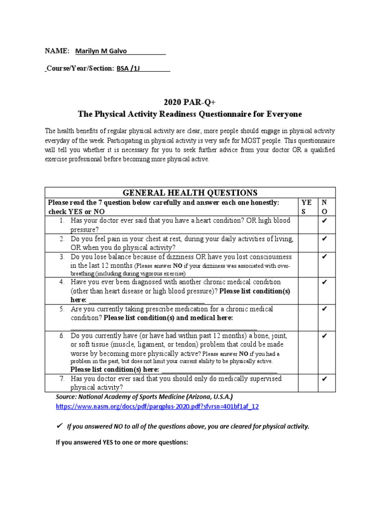 2020 Par-Q | PDF | Chronic Condition | Physician