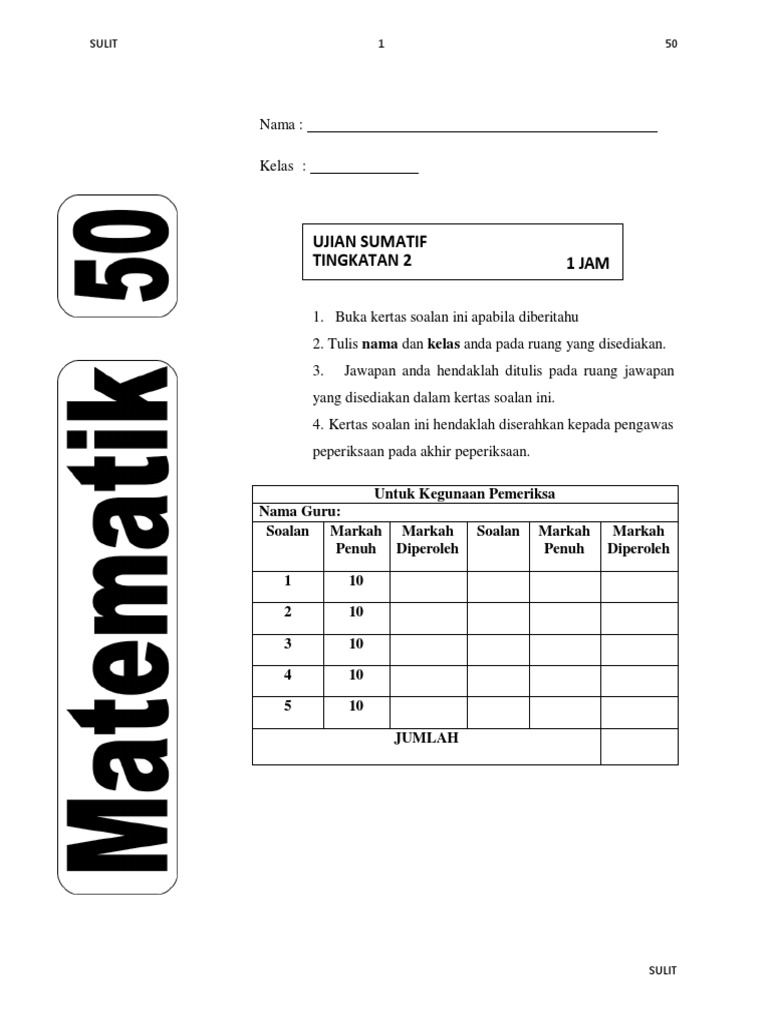 Ujian Sumatif Math Form 2 | PDF