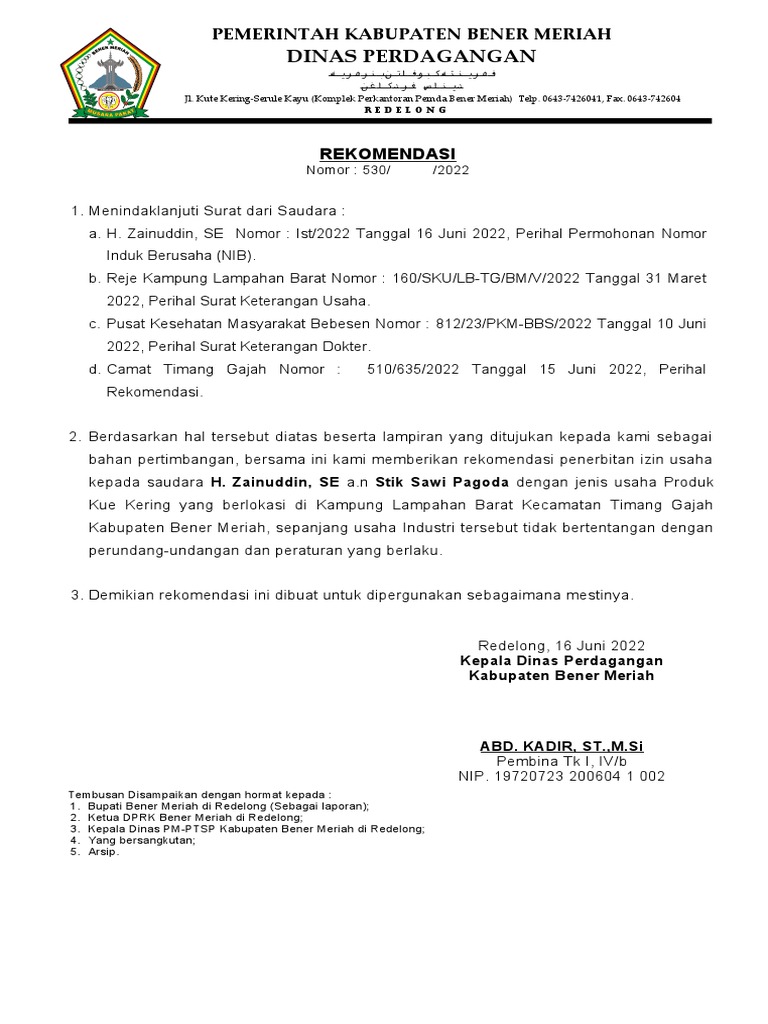 Rekomendasi Izin Usaha Kue Kering | PDF