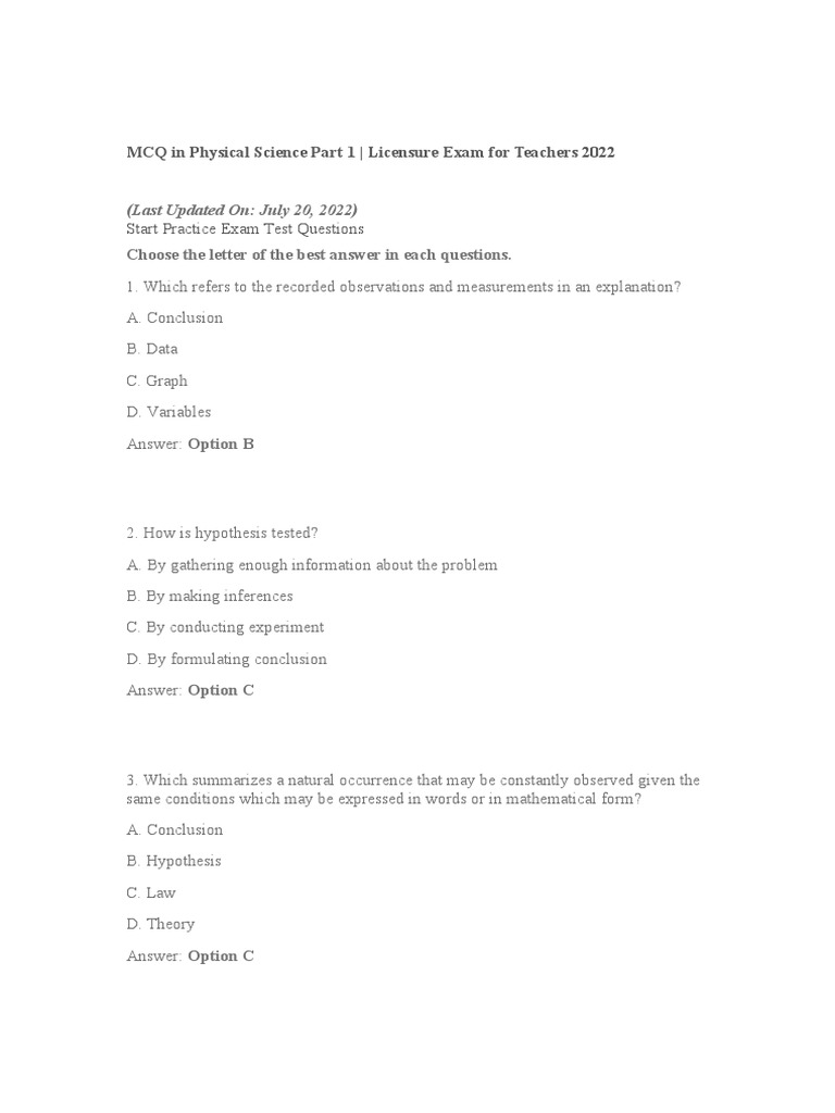 Licensure Exam Review: Physical Science MCQ Practice Test Questions ... Licensure Exam Review: Physical Science MCQ Practice Test Questions ...