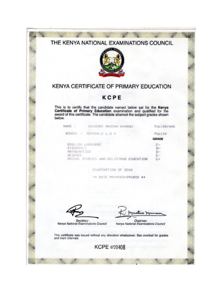 RHODHA KCPE CERTIFICATE | PDF