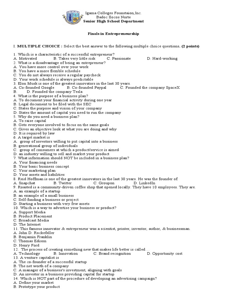 Entrep 12 Final Exam | PDF | Entrepreneurship | Startup Company