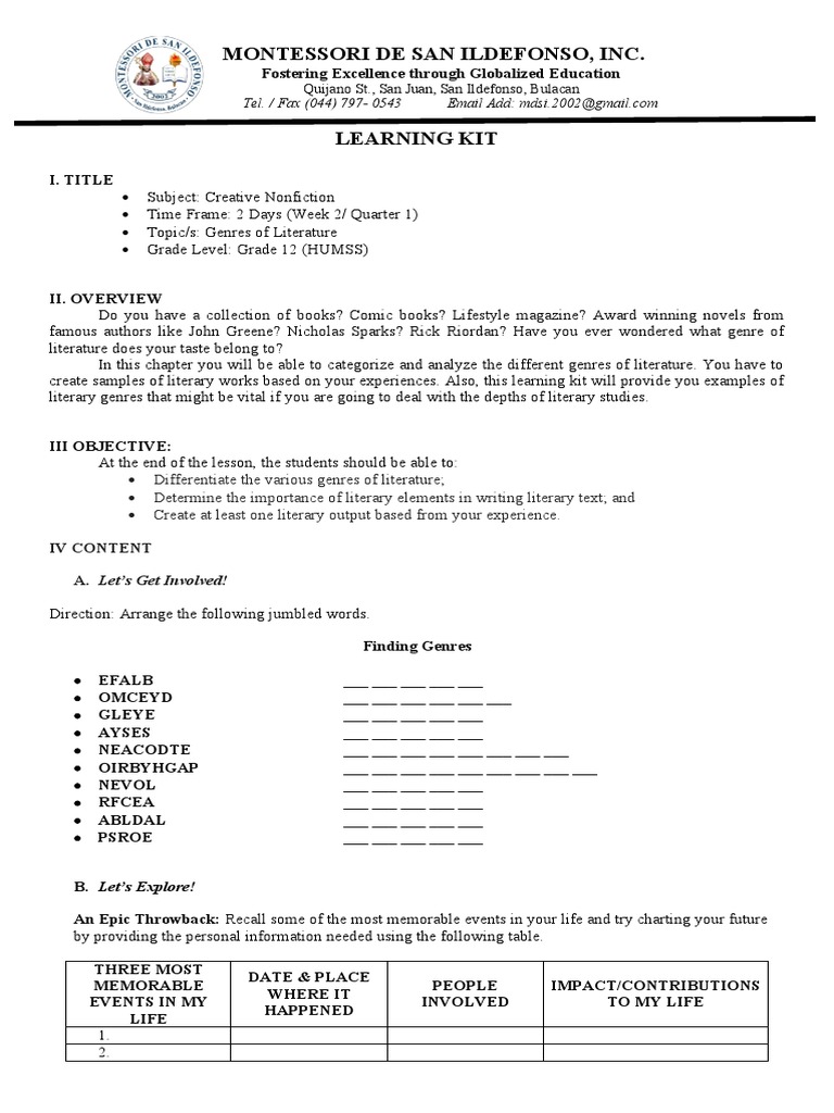 Learning Kit Cnf q1 Week 2 | PDF | Poetry | Narrative