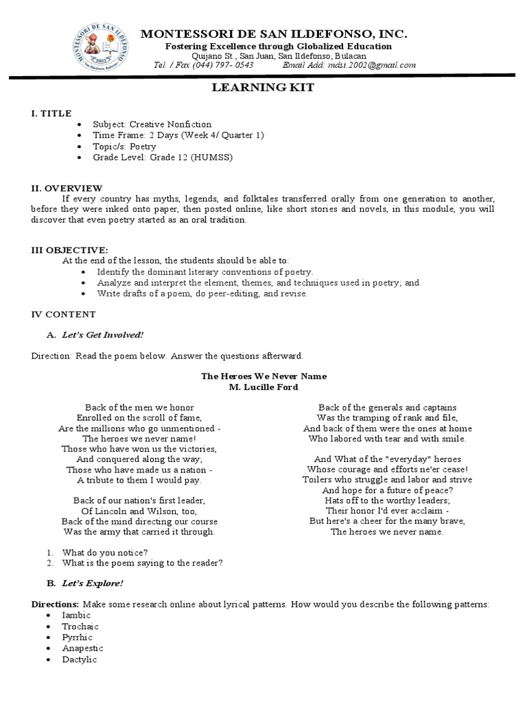 Grade 12 Poetry Learning Kit | PDF | Poetry | Poetic Rhythm