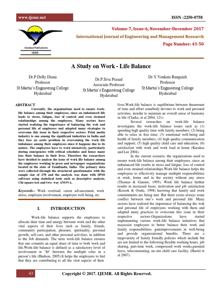 A Study On Work Life Balance | PDF | Employment | Well Being