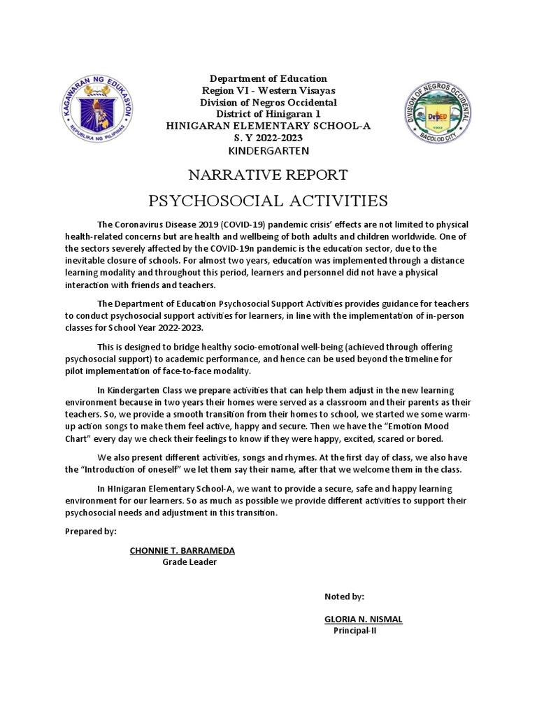 Psychosocial Narrative Report | PDF | Psychosocial | Teachers