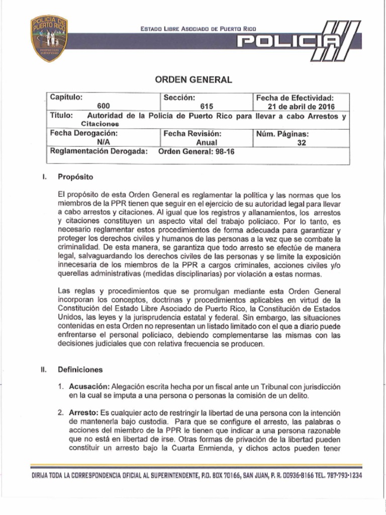 Revisión Orden General Cap. 600 Secc. 615 (Arrestos y Citaciones) | PDF
