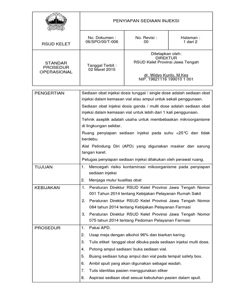 Farmasi SPO PENYIAPAN SEDIAAN INJEKSI 00 | PDF | Pengembangan Diri ...