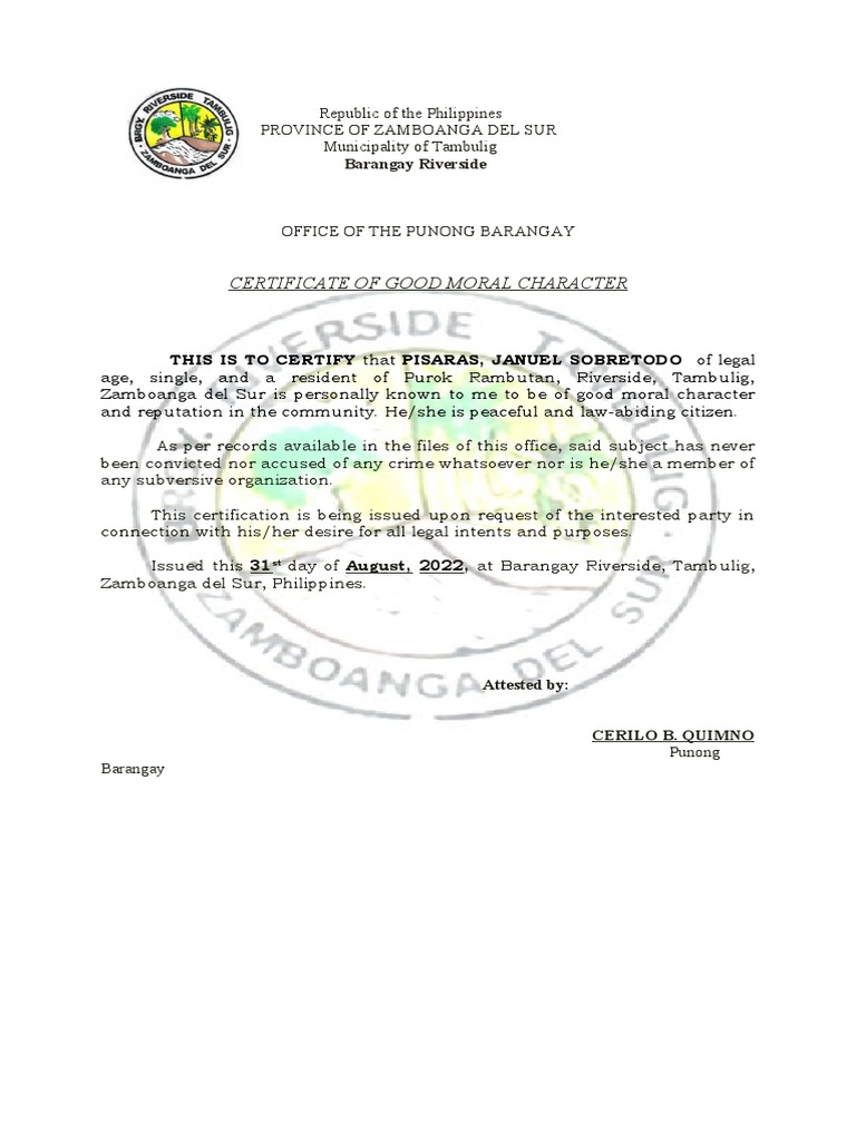 CERTIFICATE OF GOOD MORAL CHARACTER | PDF