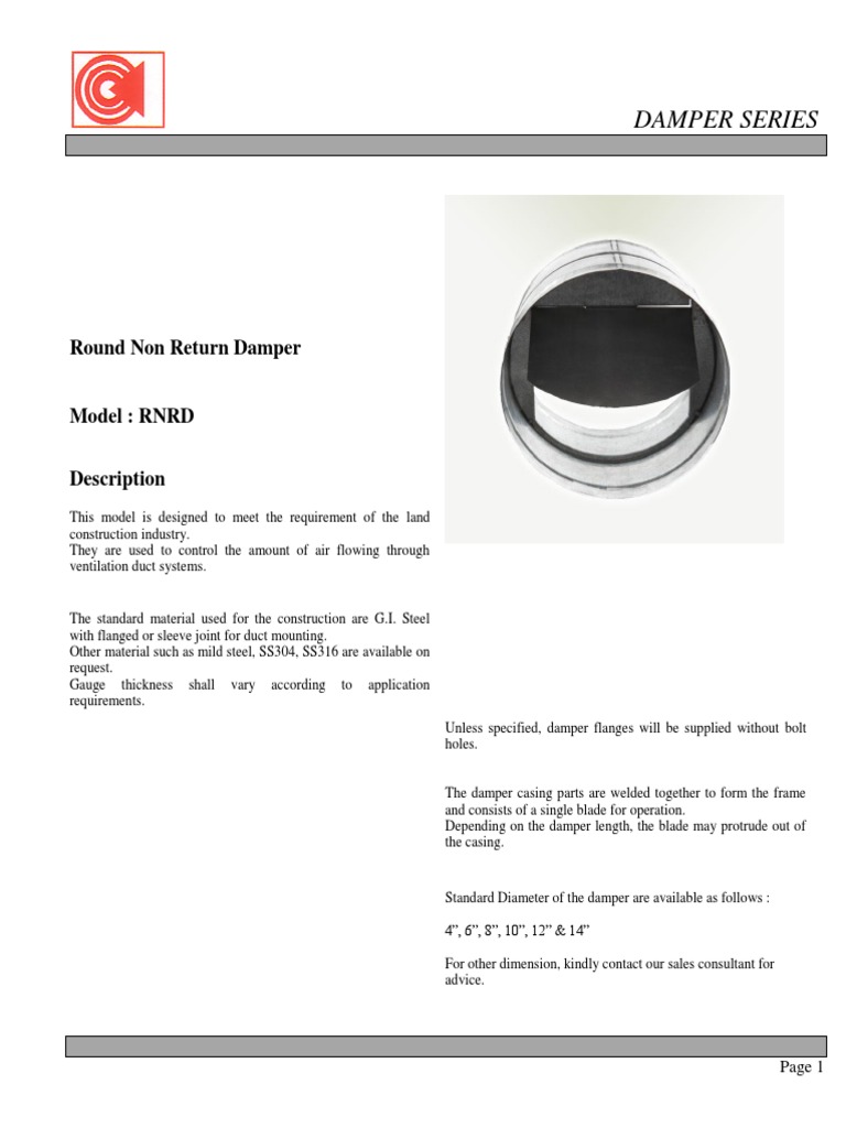 Round Non Return Damper Overview | PDF | Duct (Flow) | Equipment