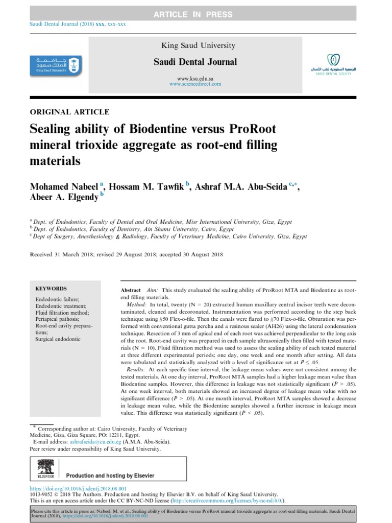 Sealing Ability of Biodentine Versus Proroot Mineral Trioxide Aggregate ...