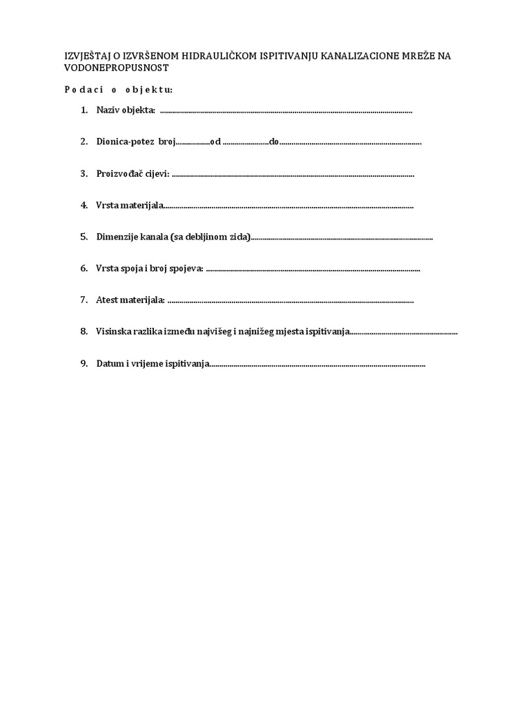 Izvještaj o Izvršenom Hidrauličkom Ispitivanju Kanalizacione Mreže Na Vodonepropusnost | PDF