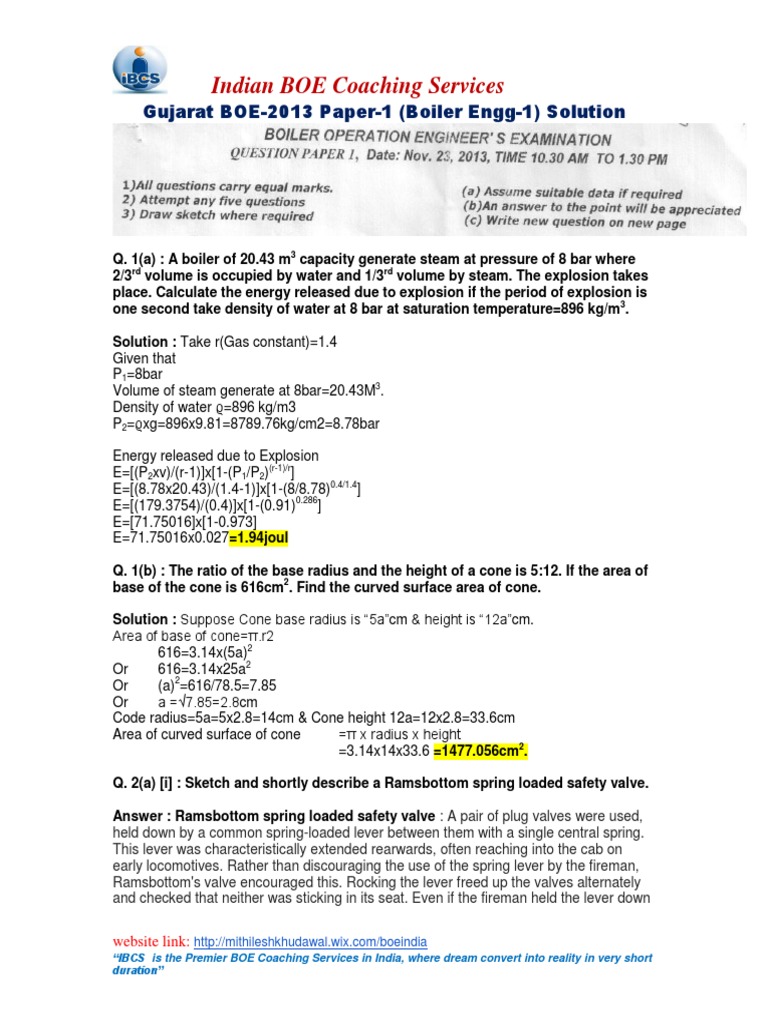 Gujarat BOE 2013 Paper 1 Solution | PDF | Boiler | Density