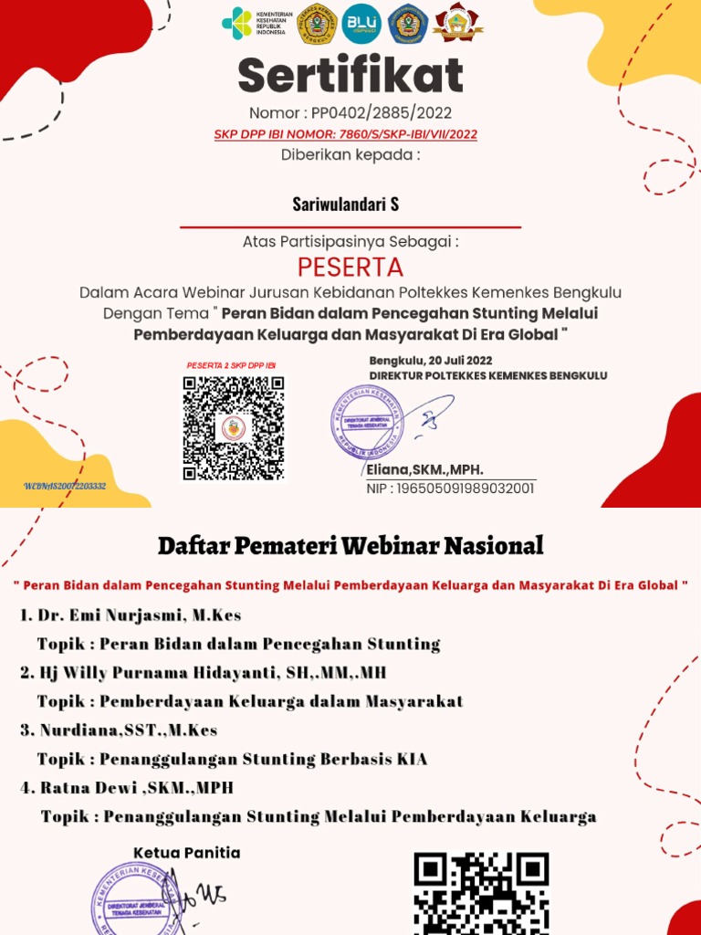 SERTIFIKAT WEBINAR BIDAN POLKESLU Sariwulandari S | PDF