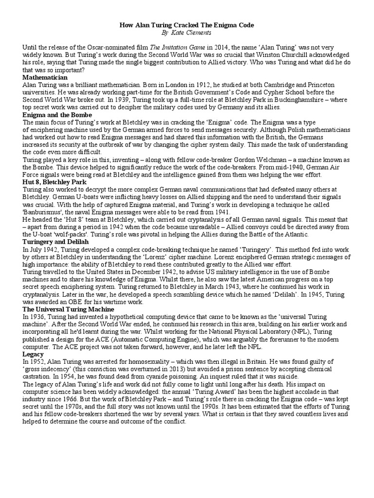 Alan Turing's Pivotal Role in Cracking the Enigma Code and His Lasting ...