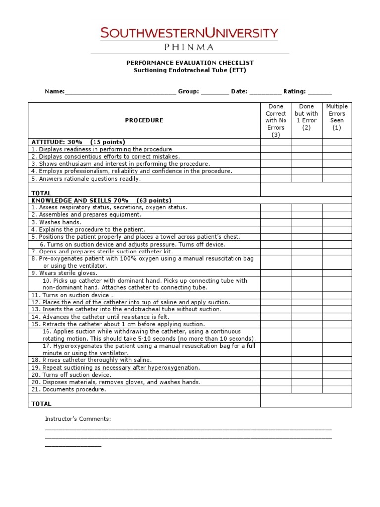 ETT Suctioning Procedure Checklist | PDF | Catheter | Cardiopulmonary ...