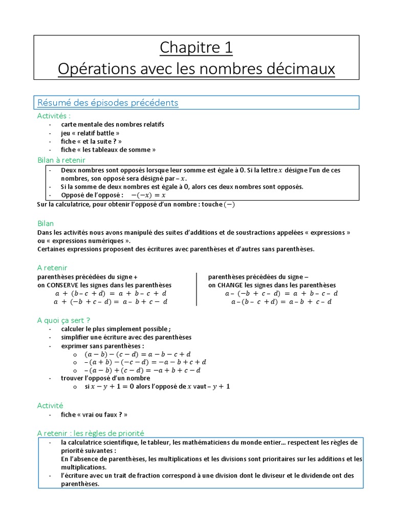 Chapitre 1 Opérations Avec Les Nombres Décimaux | Descargar gratis PDF ...