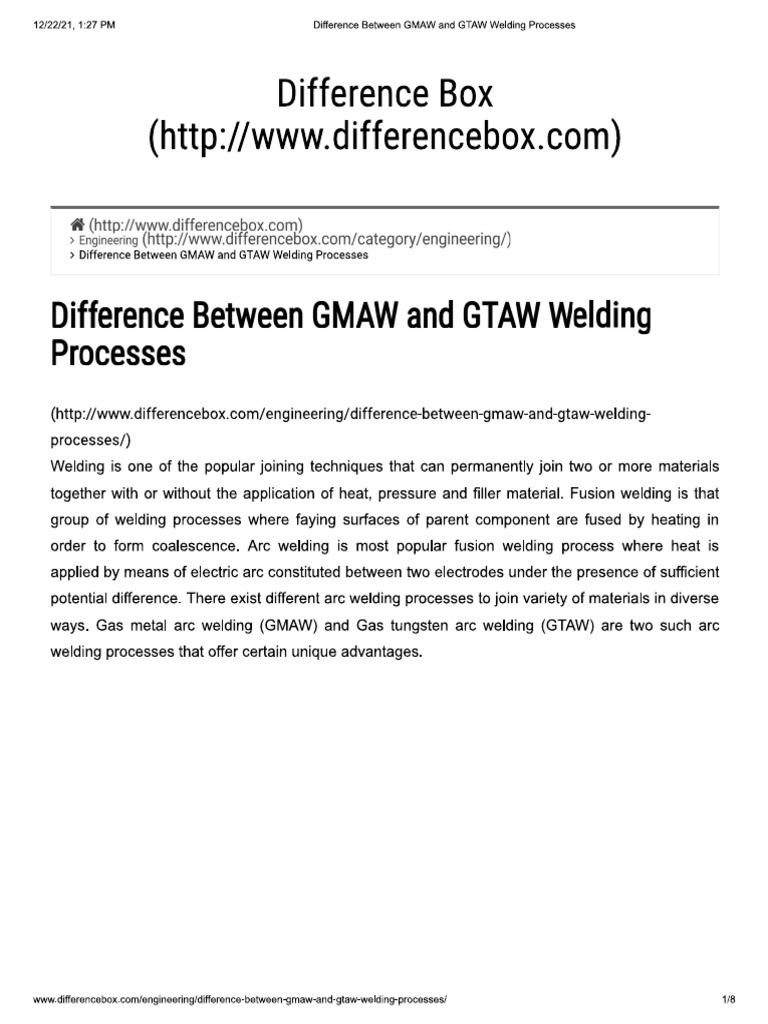 Difference Between GMAW and GTAW Welding Processes | PDF