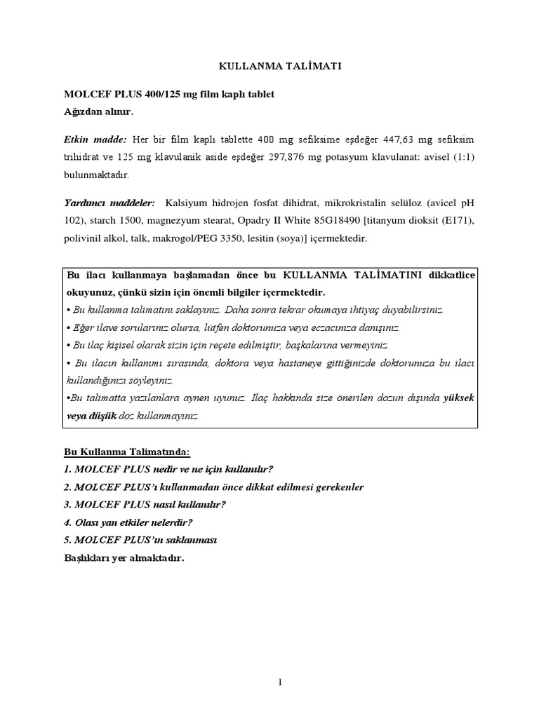 6217 Molcef Plus 400 125mg Film Kapli Tablet KT | PDF