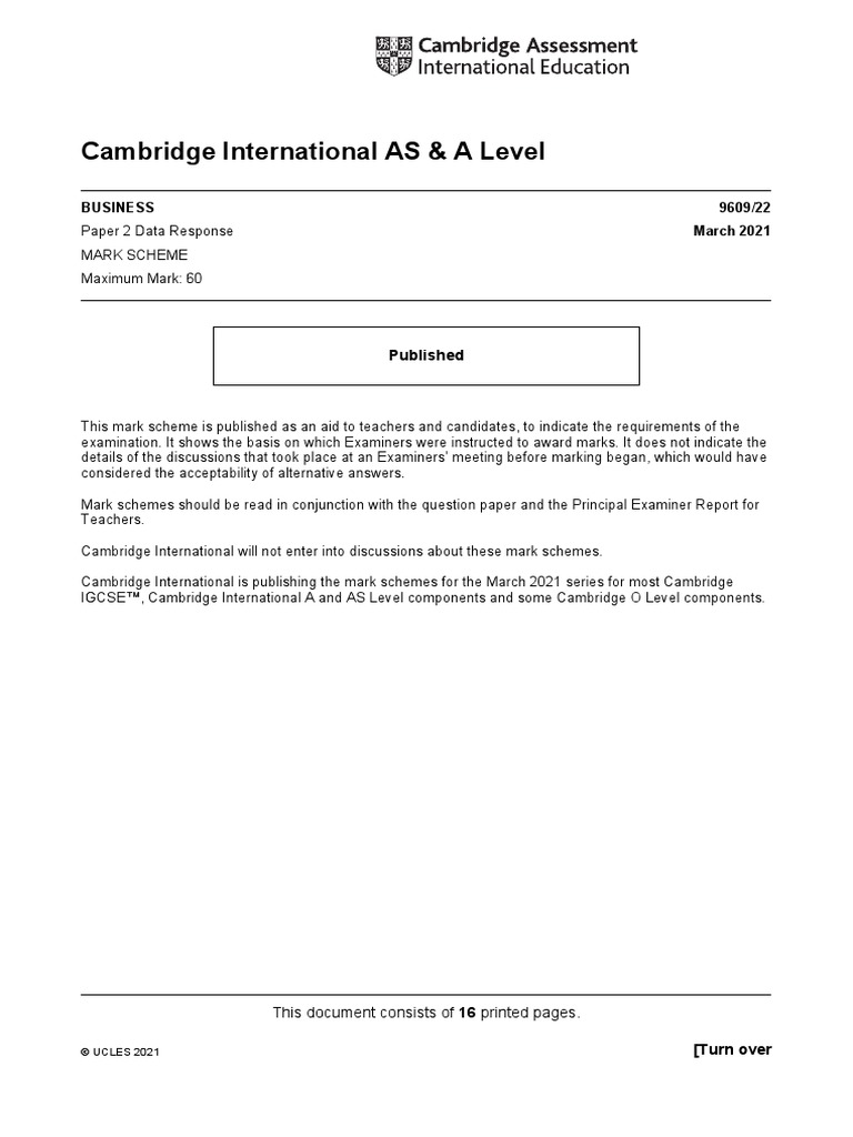 Cambridge International AS & A Level: Business 9609/22 March 2021 | PDF ...