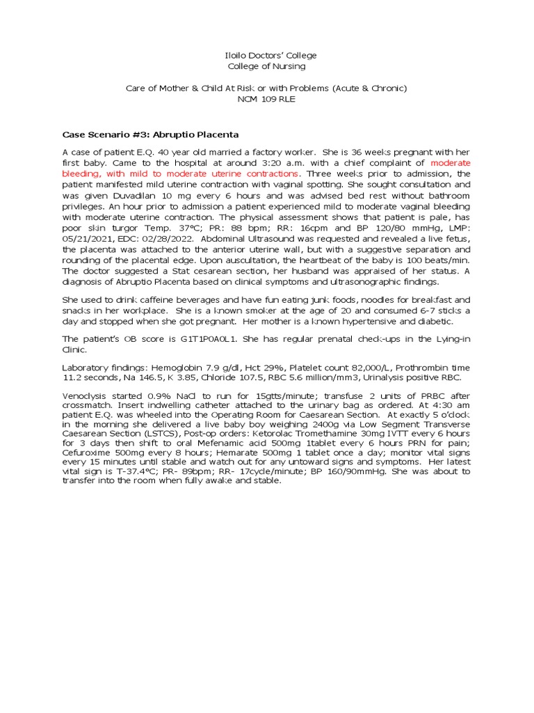 Abruptio Placenta Case Study and Care Plan | PDF | Childbirth | Mammalian Pregnancy
