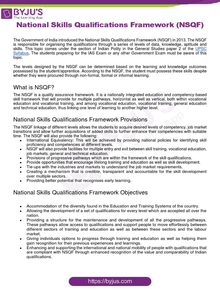National Skills Qualifications Framework NSQF | PDF