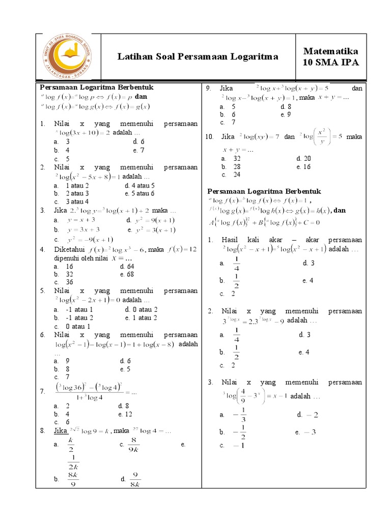 Latihan Soal Persamaan Logaritma Kelas 10 | PDF | Metode & Bahan Ajar