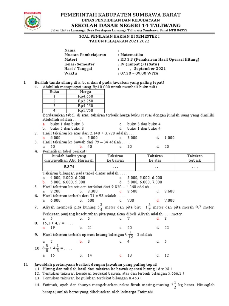Soal PH3 MTK Iv I 2021.2022 | PDF