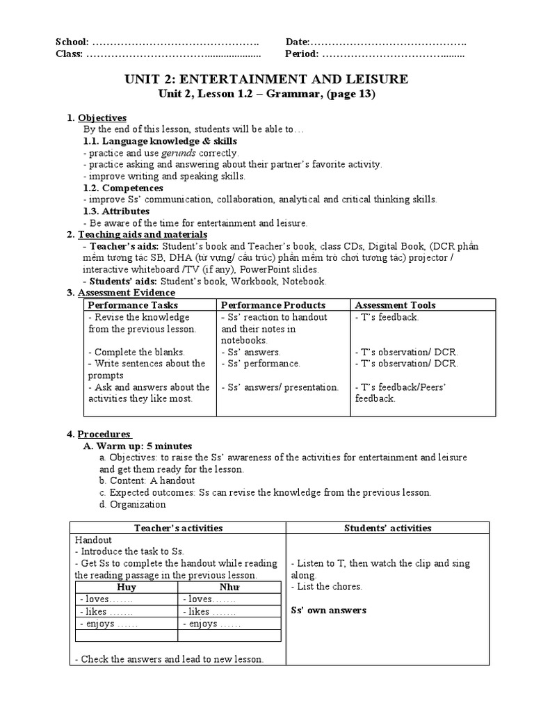 Entertainment and Leisure Unit Lesson on Gerunds | PDF | Education ...