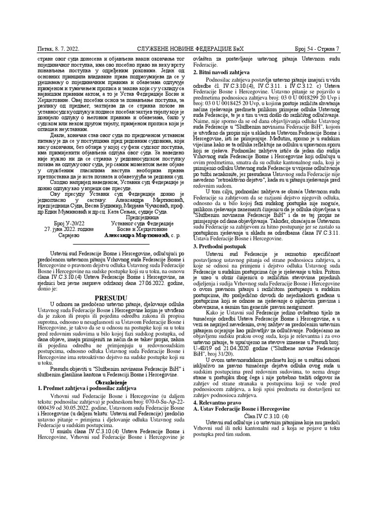 Presuda Ustavnog Suda F BIH, BR U-20-22 | PDF