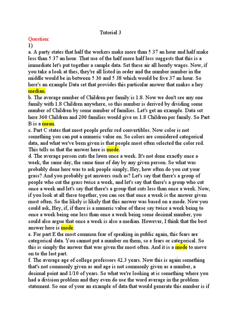 Tutorial 3 Exercise3 Prob Stat Pdf Categorical Variable Mode Statistics