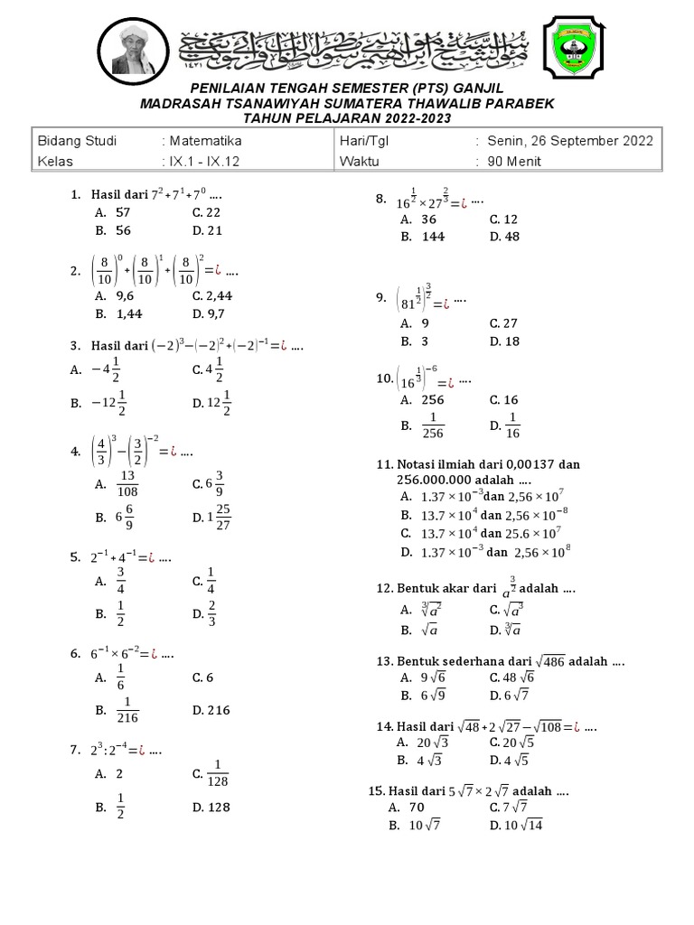 PTS 1 MTK KLS 3 | PDF | Metode & Bahan Ajar