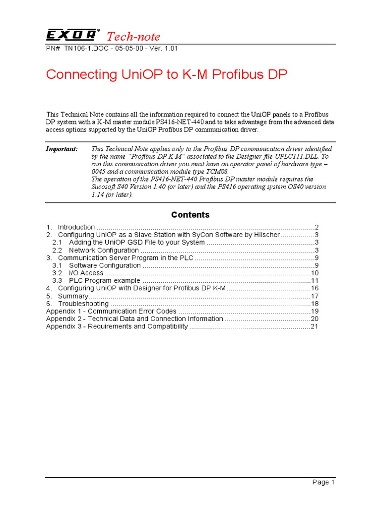 Connecting Uniop To K-M Profibus DP: Tech-Note | PDF | Programmable Logic Controller | Programming