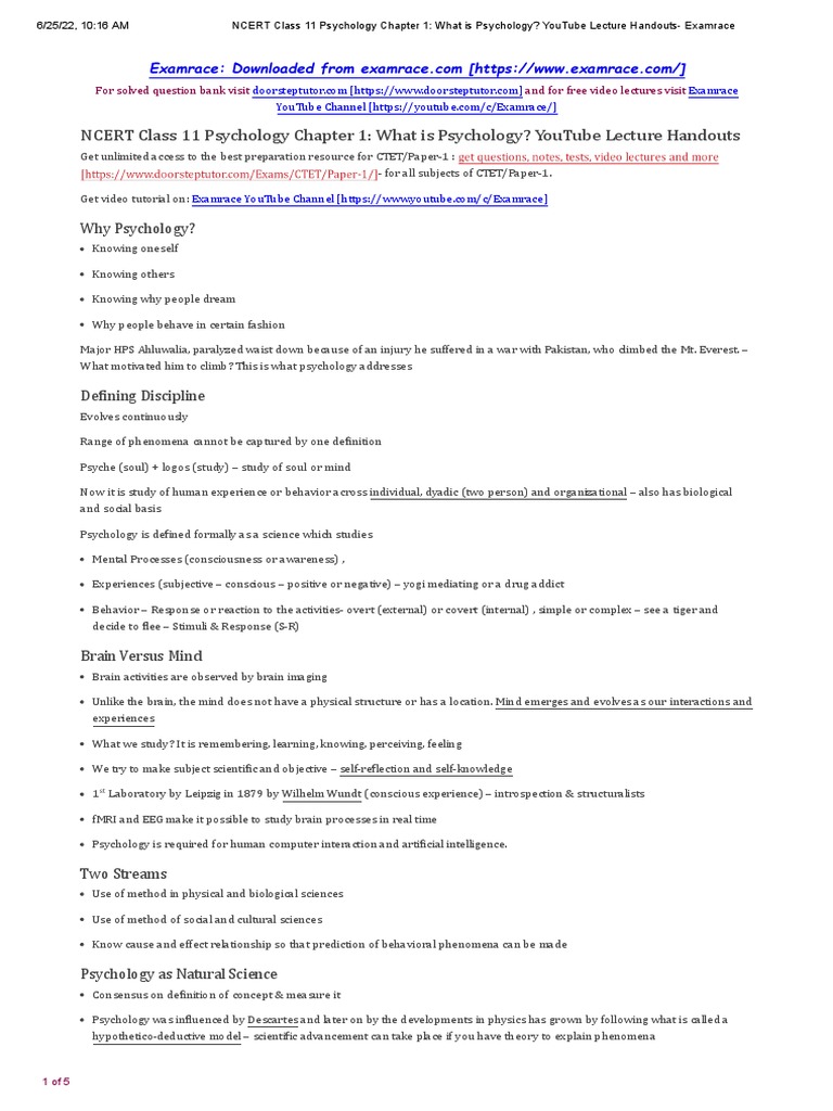 An Overview of the Key Concepts and Evolution of Psychology as Presented in the NCERT Class 11 ...