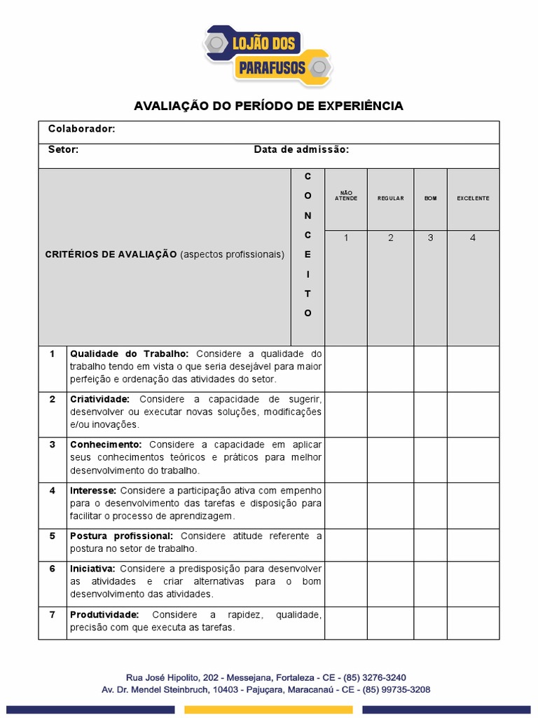Avaliação 45-90 Dias - Experiencia | PDF | Qualidade (negócios) | Business