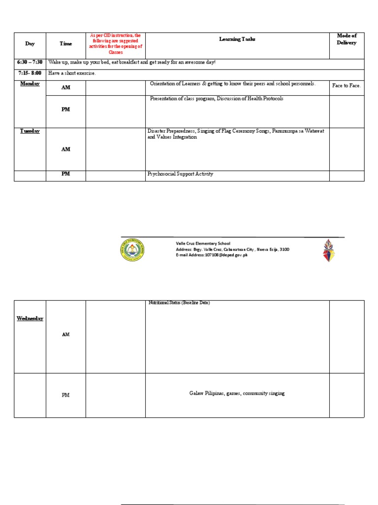 Opening Week Activities and Schedule for Valle Cruz Elementary School ...