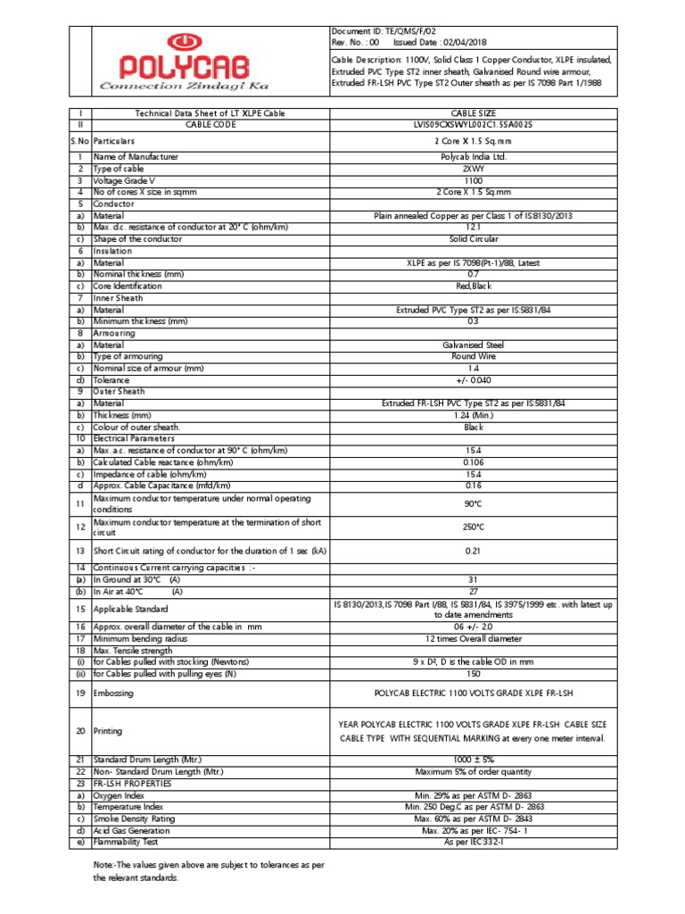 2c x1.5 FAS Cable | PDF | Electrical Conductor | Electrical Resistivity ...