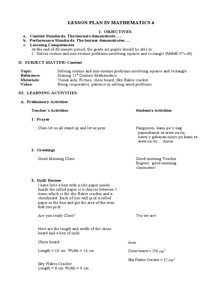 Lesson Plan in Mathematics 6: M4Me-Ivc-60) | PDF | Area | Length