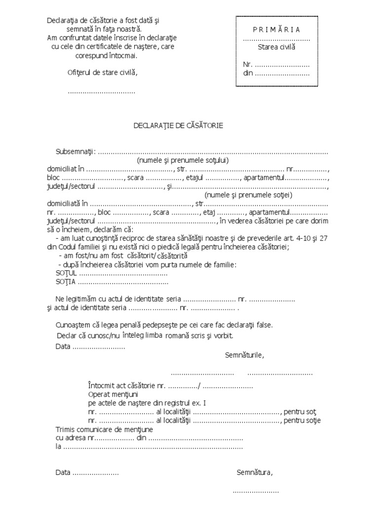Model Declaratie Casatorie | PDF