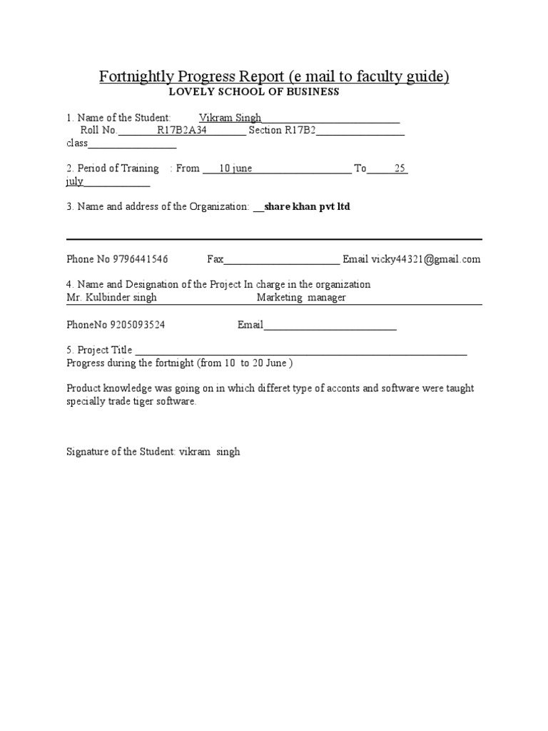 Fortnightly Progress Report (E Mail To Faculty Guide) : Lovely School ...