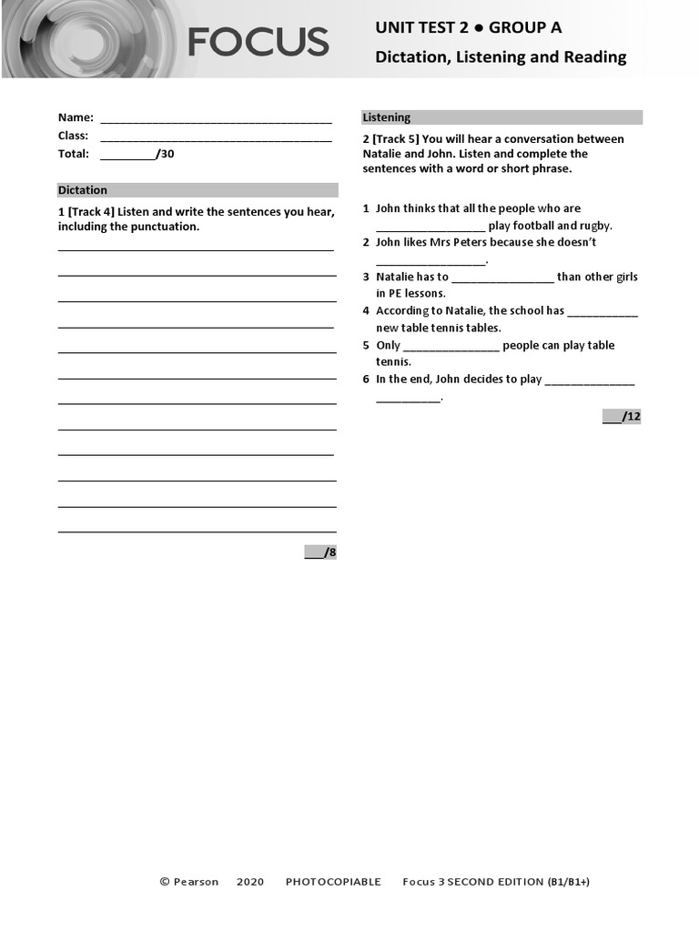 Focus3 - 2E - Unit - Test - Dictation - Listening - Reading - Unit2 ...