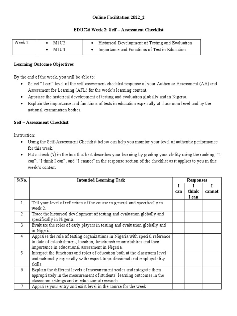 EDU726 Week 2 Self-Assessment Checklist For Online Facilitation 2022 - 2 | PDF | Educational ...