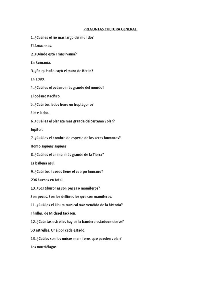 Preguntas Cultura General | PDF | Viajes y turismo | Libros para ...